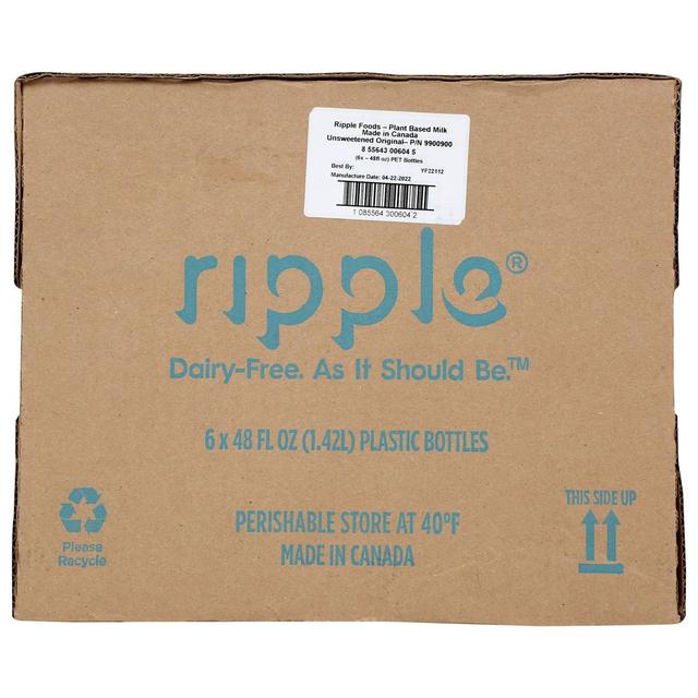 Ripple Dairy Free Unsweetened Original Milk, 48 Fluid Ounce -- 6 per case